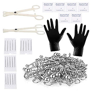 Xpircn 140PCS Piercing Kit Stainless Steel 14G 16G Nose Lip Tongue Tragus Daith Eyebrow Industrial Barbell Belly Button Rings Body Piercing Tools (Silver)