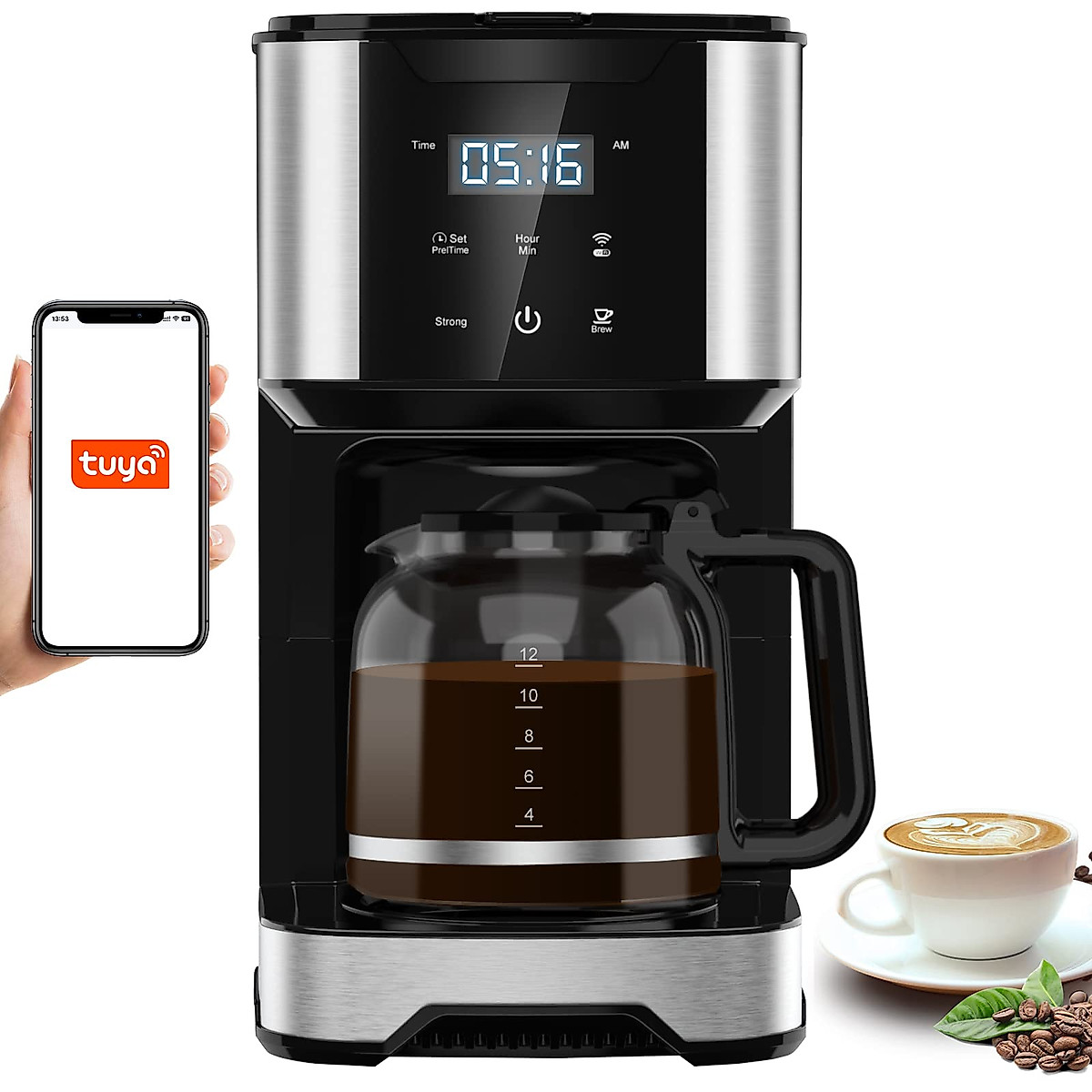 HOMOKUS 12 Cup WIFI Coffee Maker, Programmable Coffee Maker, Drip Coffee Machine Stainless Steel with Brew Strength Control, LCD Screen, Anti-Drip System