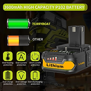 FERRYBOAT 2Pack 18V 3.6Ah P102 Replacement for Ryobi 18V Battery Compatible with Ryobi 18 Volt Lithium Battery P103 P104 P105 P107 P108 P109 P122 Cordless Tool