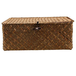Natural Straw Rattan Multipurpose Container Rectangular Storage Baskets With Lid Hand Woven Storage Box with Button for Desktop Home Decoration (12 Inch)