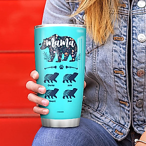 Wassmin Personalized Tumbler Mama Bear Stainless Steel Cup With Lid 20oz 30oz Double Walled Vacuum Insulated Tumblers Customize Cubs Mother's Birthday Christmas Gifts For Best Moms Mother (4 Kids)