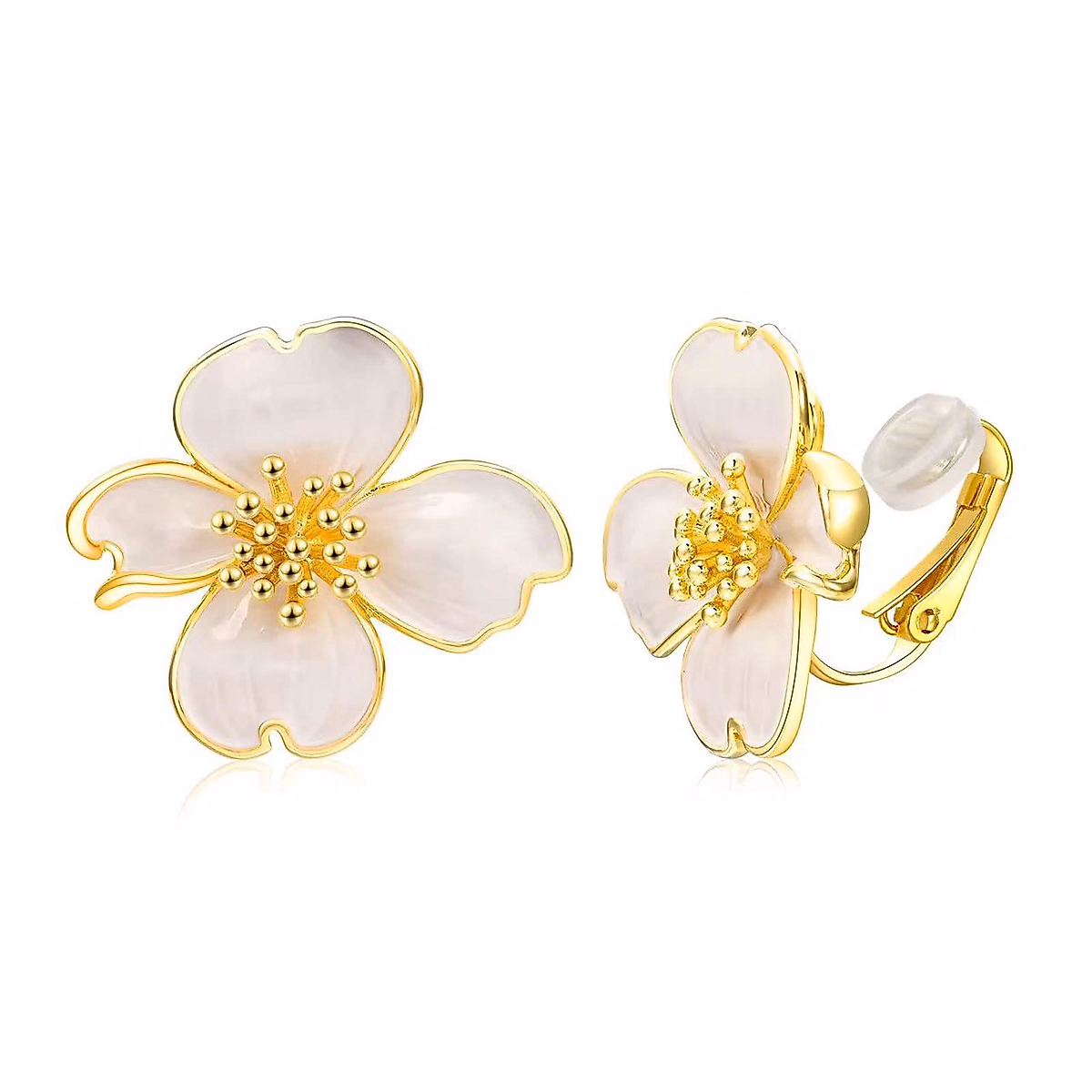 NUOKUN Clip on Earrings Women, Gold Earrings for Sensitive Ears, Fashion Women's Earrings Jewelry Birthday Gift for Wife Grandma Daughter Girls on Christmas Thanksgiving (Sakura Cream Enamel Earrings)