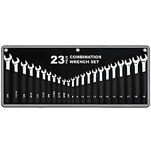 23-Piece Premium SAE and Metric Combination Wrench Set in Roll-up Pouch | Inch Size 1/4 - 3/4” and Metric Size 8 - 19mm | Chrome Vanadium Steel, Mirror Finish, 12-Point Box End and 15° Angled Open End