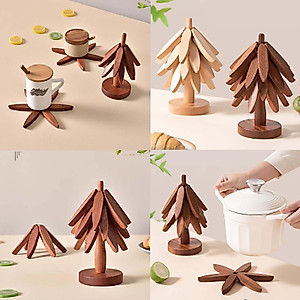 Tree Coasters, Wooden Trivets for Hot Dishes, Trivets for Hot Pots and Pans, 4 Wooden Trivet with Stand, Tree Shape Trivet Set Coaster for Hot Dishes, Pot, Bowl, Coffee, Teapot, Walnut