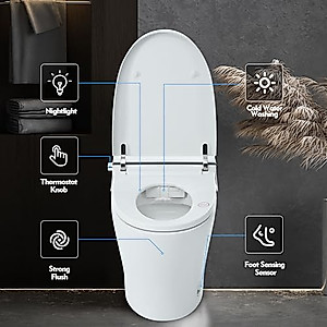 LOPOO Smart Toilet Bidet Combo, Self-Cleaning Nozzle, Dual Flush 1/1.28 GPF, Tankless Compact Toilet with Foot Sensor Flush, Knob Control, Power Outage Flushing, Night Light, Advanced Ceramic, White