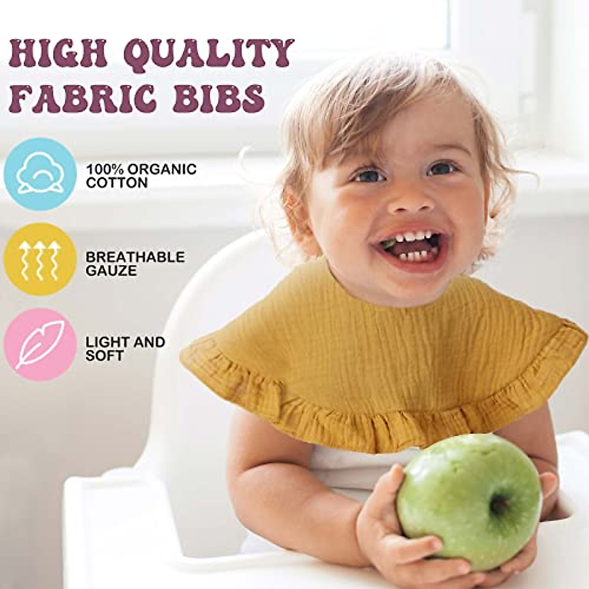 12 Pcs 360° Rotate Muslin Bibs Teething Absorbent Drool Bibs 4 Layers Adjustable Snap Cotton Newborn Bandana Bibs Suitable for over 6 Months