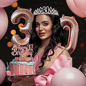 30th Birthday Decorations for Her - 5pcs Gifts Including 30th Tiara Crown, Sash, Cake Toppers, Balloons, Birthday Candles, 30 Birthday Gifts for Women