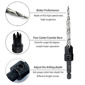 Saipe 5pcs Wood Tapered Countersink Drill Bit Set Hex Shank Screw Drill Counter Sink Bit 7/64", 9/64",11/64", 3/16", 7/32" Adjustable Drilling Tool Kit on Pilot Counter Sinker Hole for Woodworking