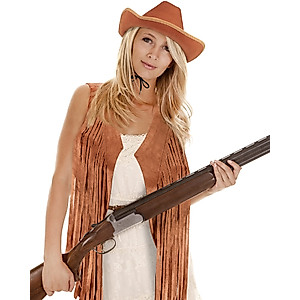 Zhanmai Fringe Vests Cowgirl Outfits for Women Faux Suede Tassels 70s Hippie Clothes Vest Jacket Western Cowgirl Hat(Brown, M)
