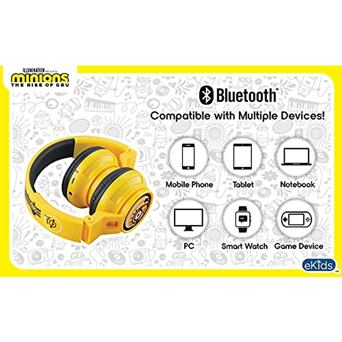 eKids Minions Kids Bluetooth Headphones, Wireless Headphones with Microphone Includes Aux Cord, Volume Reduced Kids Foldable Headphones for School, Home, or Travel