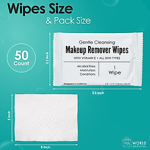 World Amenities - Bulk Makeup Remover Wipes | 50 Count | Individually Wrapped, Gentle Cleansing, Alcohol Free - All Skin Types - Vitamin E - 100% Recyclable, Hotel Travel Size Toiletries