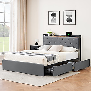 IDEALHOUSE Full Size Bed Frame with 4 Storage Drawers and Charging Station, Upholstered Velvet Platform Bed Frame with Storage Headboard and Sturdy Wooden Slats Support, No Box Spring Needed