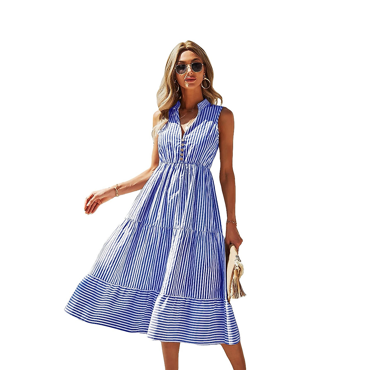 Floerns Women's Striped Print Notched Neck Sleeveless Ruffle A Line Midi Dress Blue and White XL