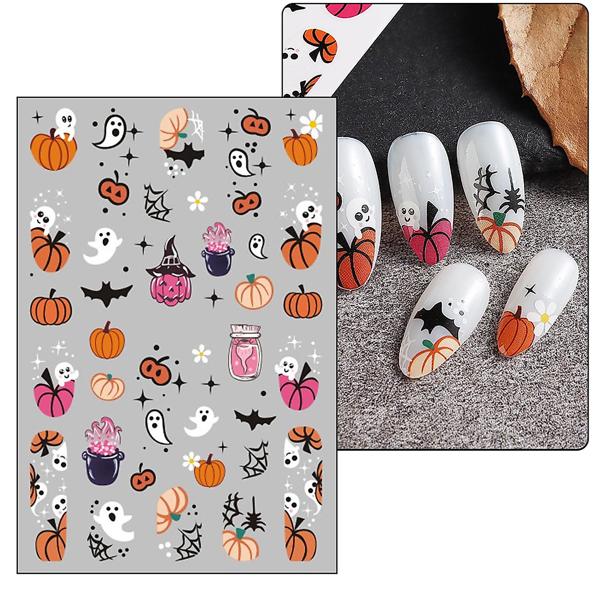 JMEOWIO 9 Sheets Pink Halloween Nail Art Stickers Decals Self-Adhesive Pegatinas Uñas Cute Skull Ghost Witchy Spider Web Bat Candy Pumpkin Nail Supplies Nail Art Design Decoration Accessories