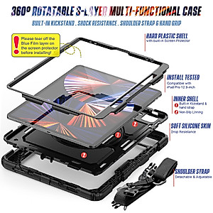 Herize Case Compatible with iPad Pro 12.9 inch 6th/5th/4th Generation with Screen Protector Pencil Holder | Full Body Shockproof Rugged Protective Rubber Case W/Stand Strap | Black