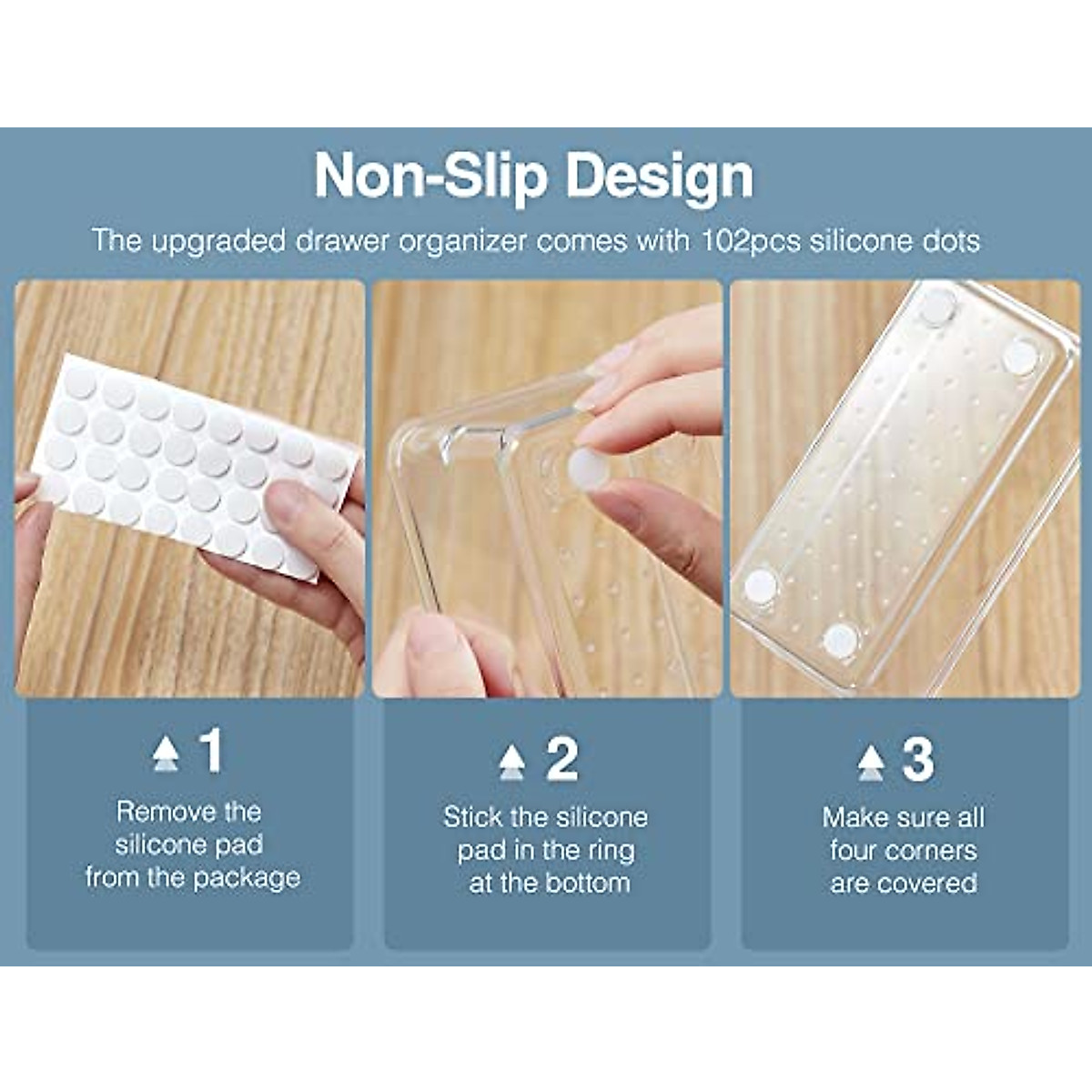 Puroma 25 PCS Drawer Organizer with Non-Slip Silicone Pads, 4-Size Versatile Vanity Drawer Storage Bins, Clear Plastic Drawer Organizer Trays, Customize Layout Organizer for Makeup and Bathroom Vanity