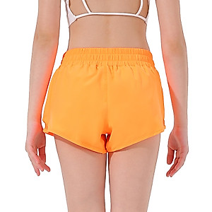 Aurefin Girls Athletic Shorts, Lightweight Running Shorts for Teen Girls Kids Sports Active Shorts with Zip Pocket and Elastic Orange/L