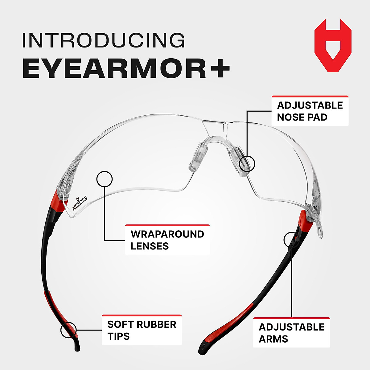 NoCry Clear Safety Glasses for Men and Women; Lightweight Work Glasses with Adjustable Frames and No-Slip Grips; Scratch Resistant Anti Fog Safety Glasses with Superior UV Protection, Black & Red
