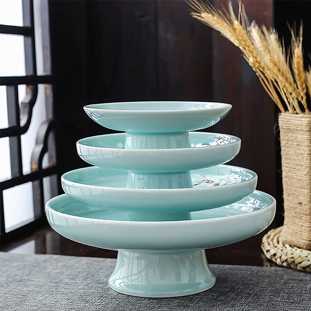 Kelendle Ceramic Footed Bowl Round Pedestal Bowl Decorative Fruit Bowl Serving Dish Dessert Display Tray Trifle Cups Snacks Nuts Plate for Kitchen Counter Centerpiece Table Decor Blue 10inch