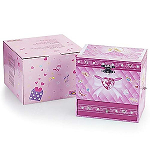 RR ROUND RICH DESIGN Kids Musical Jewelry Box for Girls with 3 Drawers and Jewelry Set with Cute Princess Theme - Beautiful Dreamer Tune Pink