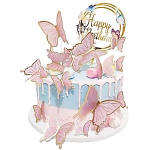 Butterfly Cake Toppers Decorations - 1 Big Happy Birthday Cake Topper & 15Pcs 3D Pink Gold Cupcake Toppers - Party Supplies for Decorating Baby Shower Girl's Birthday