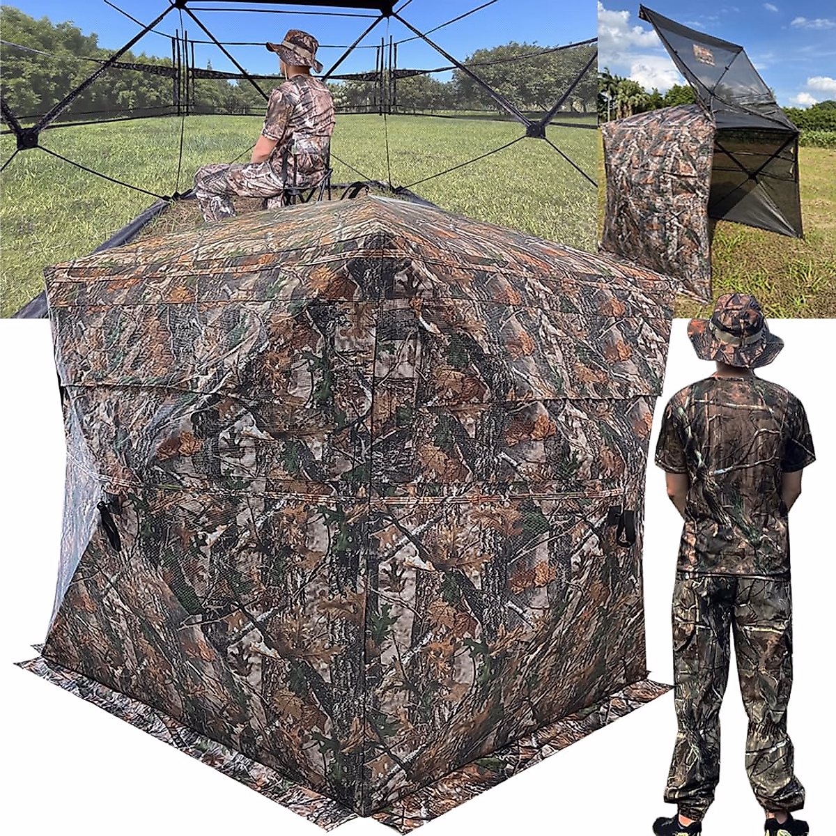 LUCKUNTER 360 Degree See Through Hunting Blind Extra Large Tall (78X78X80 inch) 2/3/4 Person Ground Camouflage Pop Up Hunting Blind for Turkey Deer Hunting