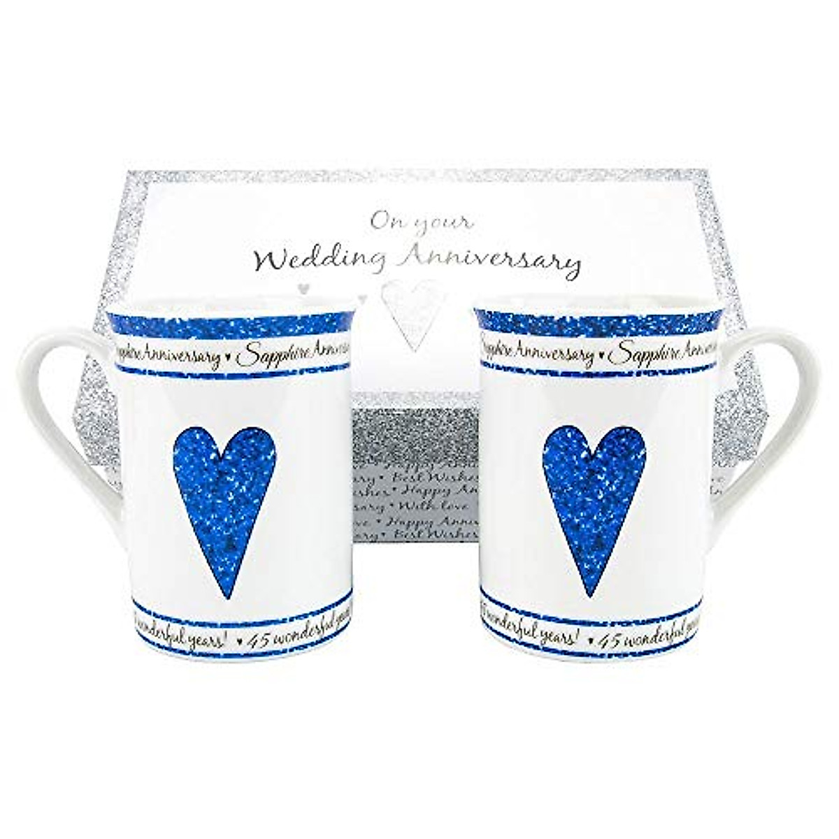 Beautifully Designed 45th Sapphire Wedding Anniversary Set of Ceramic Mugs with Hearts | Dishwasher and Microwave Safe with Decorative Keepsake Box