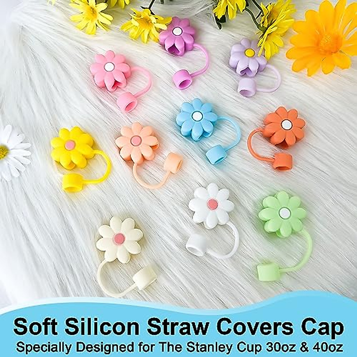 10pcs Flower Straw Topper Fitting for Stanley Straw Covers, Silicone Straw Covers Cap for All 9-10mm Straws, Reusable Straw Covers Compatible for Stanley 30&40 Oz, Straw Toppers Suited for Stanley Cup