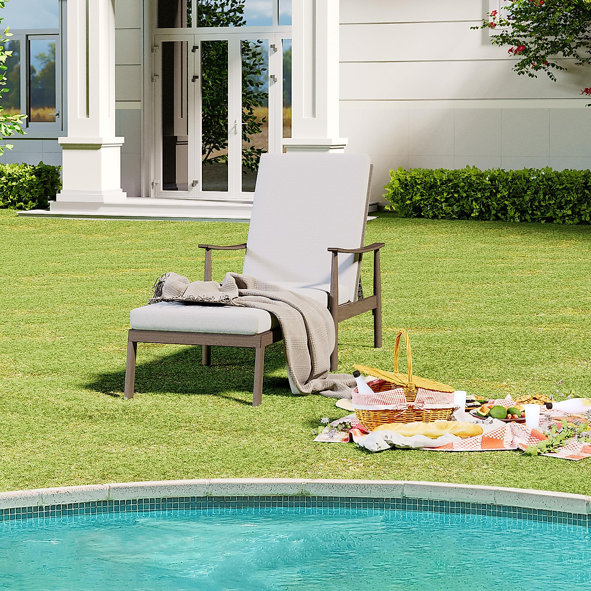 HAPPATIO Outdoor Chaise Lounge Chair - Aluminum Pool Lounge Chair with Adjustable Backrest and Cushion, Curved Armrest, Outdoor Lounge Chair for Beach, Yard, or Poolside (Grey)