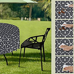 Damask Pattern round outdoor tablecloth,Round Tablecloth with Umbrella Hole and Zipper for Patio Garden,Waterproof Spill-Proof,for Camping, Picnic, Spring, Patio, Party(72" Round,Grey and White)