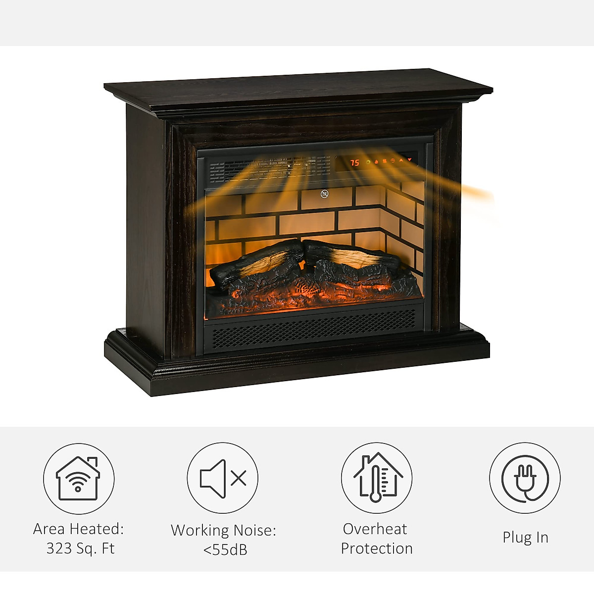 HOMCOM 31" Electric Fireplace with Dimmable Flame Effect and Mantel, Freestanding Space Heater with Log Hearth and Remote Control, 1400W, White