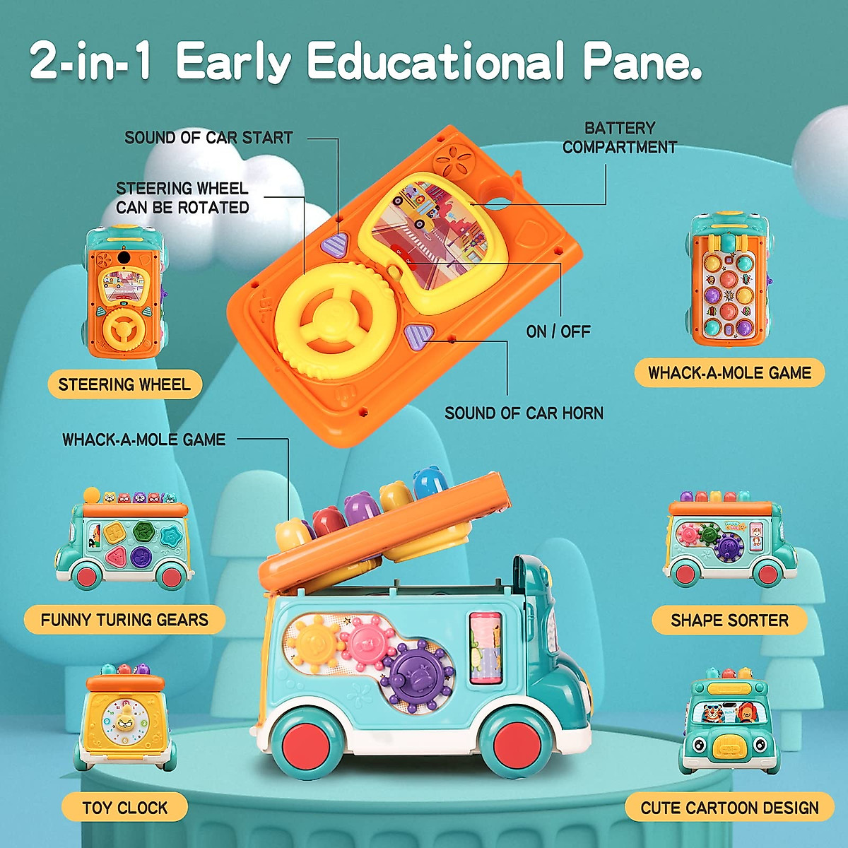 Syahro Baby Crawling Toys with Music and Light Infant Musical Bus Toys with Clock Toy, Shape Matching, Gear, Whack A Mole Game Tummy Time Toys Gifts for Toddler (Pink)