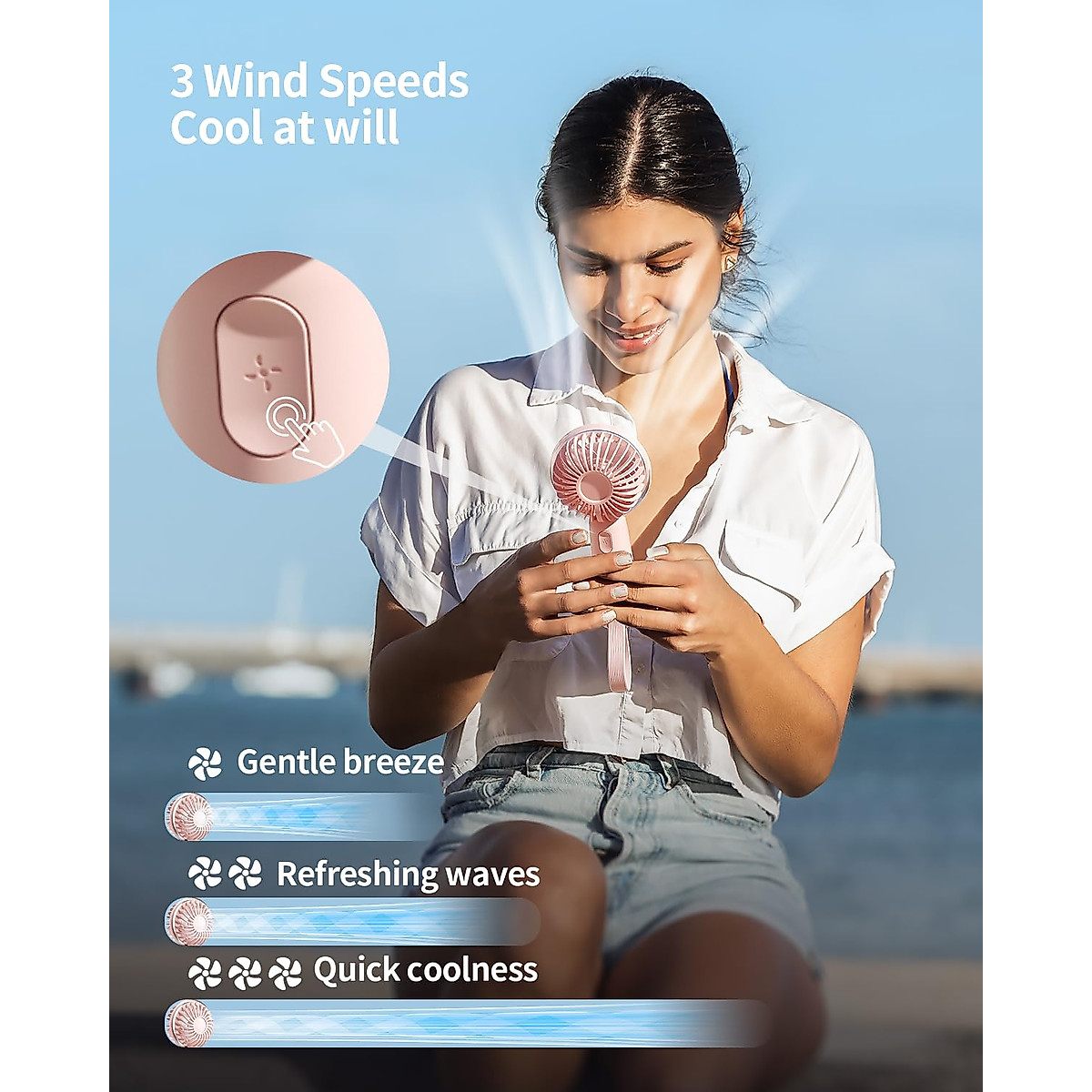 coldSky Portable Handheld Mini Fan, 3 Speeds Personal Small Fan For Makeup Eyelash, Cute Design Rechargeable Desk Fan With Non-slip Base For Travel, Bedroom, Woman, Men