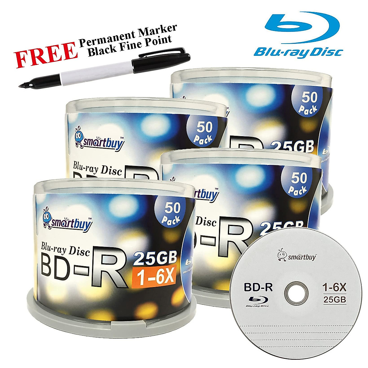 Smartbuy 200-disc 25GB 6X BD-R Blu-Ray Logo Top Blank Media Record Disc + Black Permanent Marker