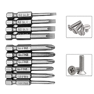 Saipe 10Pcs Magnetic Screwdriver Bit Sets 1/4 Inch Hex Shank Flat Slotted + Phillips Cross Head Screw Driver S2 Steel Drive Drill Bits for Electric Screwdrivers (2 inch/50mm Length)