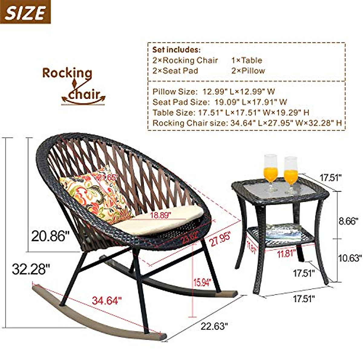 XIZZI Bistro Set Outdoor 3 Pieces Rocking Chair Patio Furniture with Glass Table and 2 Pillows,Beige