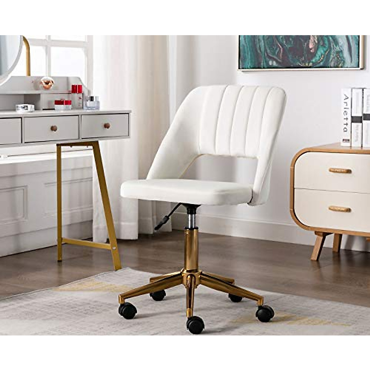 Guyou Desk Chair Armless Office Chair Gold and White, Upholstered Velvet Home Office Chair Cute Vanity Stool for Small Space Teens Study Makeup with Hollow Back, White