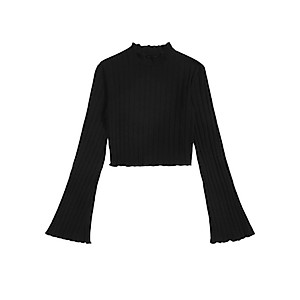 SweatyRocks Women's Long Flounce Sleeve Crop Top Stand Collar Ribbed Knit T-Shirt Black M