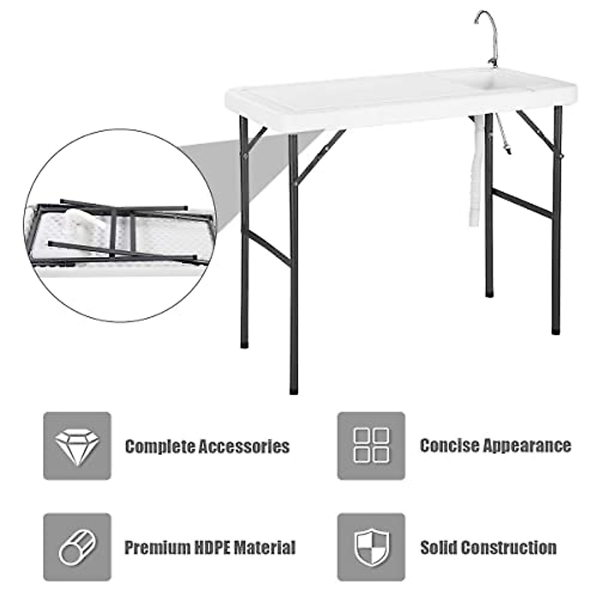 Goplus Portable Fish Cleaning Table with Sink, Folding Outdoor Camping Sink Station with Hose Hook Up, Heavy Duty Fillet Table with Faucet for Dock Beach Patio Picnic