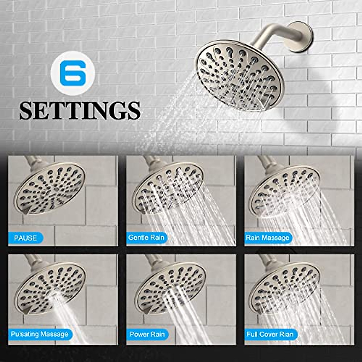 Brushed Nickel Shower Faucet Set, EMBATHER Shower Fixtures with 6 Inch Rainfall Shower Head, Single Handle Control Shower Valve and Trim Kit