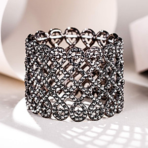 EVER FAITH Women's Rhinestone Crystal Art Deco Love Knot Wide Stretch Bridal Bracelet Black Black-Tone