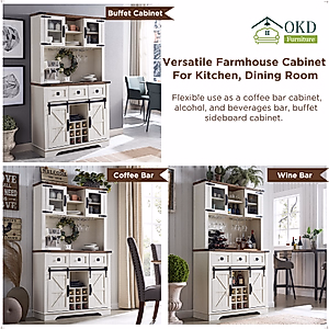 OKD 72" Farmhosue Bar Cabinet with Sliding Barn Door, Large Kitchen Buffet with Hutch w/Wine & Glasses Rack, 3 Drawers, 12 Storage Shelves, Rustic Coffee Bar Sideboard Table, Antique White