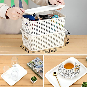 AREYZIN Plastic Storage Baskets With Lids Stacable Organizing Container Lidded Knit Storage Organizer Bins for Shelves Drawers Desktop Closet Playroom Classroom Office, Grey and White