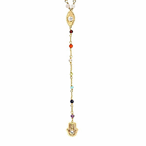 KARMA AND LUCK - Spiritual Resilience - Women's 18K Gold Plated Genuine Stones Rosary Necklace Lariat Necklace with Hamsa & Evil Eye Symbol handmade in Bali. Length: 22" + 3.5". (Moonstone)