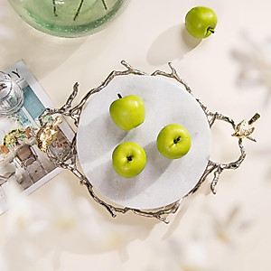 Vespa 17" Branch with Birds Decorative Round Marble Tray, White Marble