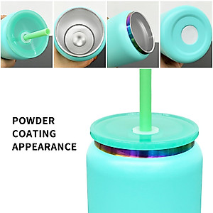 Glass Cups with Lids and Straws, 16 oz Stainless Steel Cups, Insulated Skinny Tumbler, Powder Coated Travel Mugs for Laser Engrave, Iced Coffee Cup for Smoothie Water DIY Gift (Mint Green,1 pack)