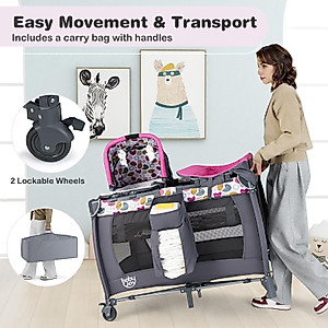 BABY JOY 5 in 1 Pack and Play, Portable Baby Playard w/Bassinet & Diaper Changing Table, Infant Nursery Center Pink Bassinet with Toys & Music & Oxford Bag for Baby Girl Toddlers (Rose, Dot Circle)