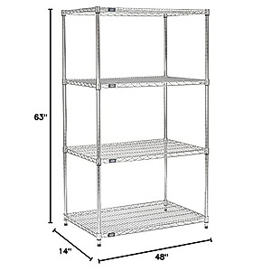 Nexel 14" x 48" x 63", 4 Tier Adjustable Wire Shelving Unit, NSF Listed Commercial Storage Rack, Chrome Finish, leveling feet