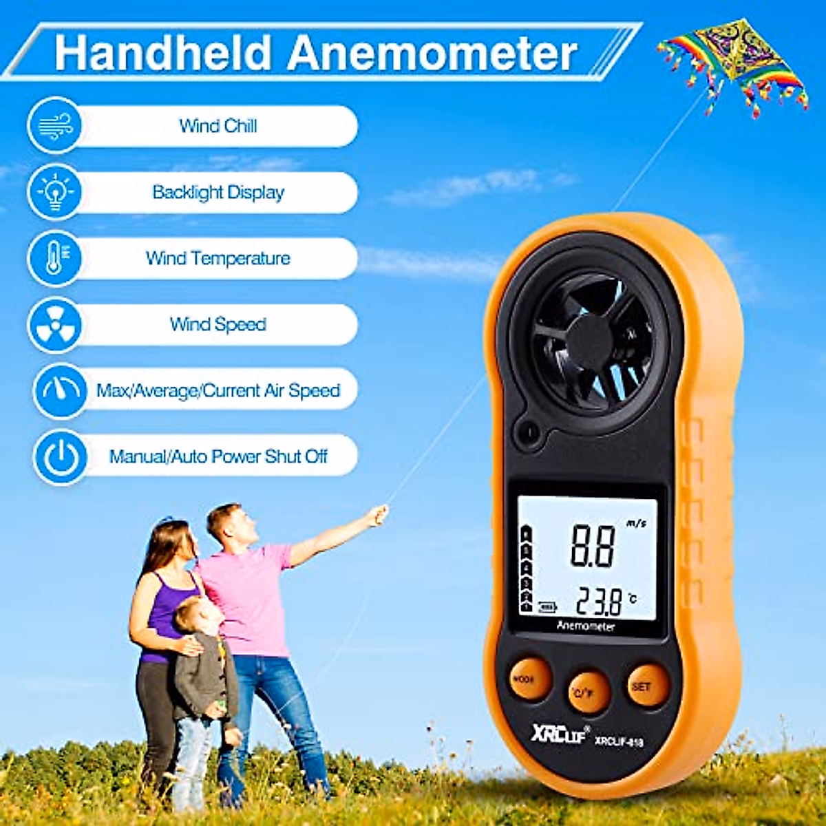 Digital Wind Speed Meter Anemometer Handhled Wind Gauges Air Flow Velocity Meter for Measuring Wind Chill Temperature Speed, Wind Meter Thermometer Gauge for Shooting Windsurfing Fishing Hunting