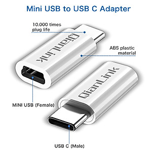 Mini USB to USB C Adapter, (2-Pack) Mini USB Female to USB C Male Convert Charging & Data Sync Compatible with Samsung Galaxy S10 S9 S8 Plus Note 9 8, LG V40 V35 V30 V20 G7 G6 G5,Moto Z2 Z3